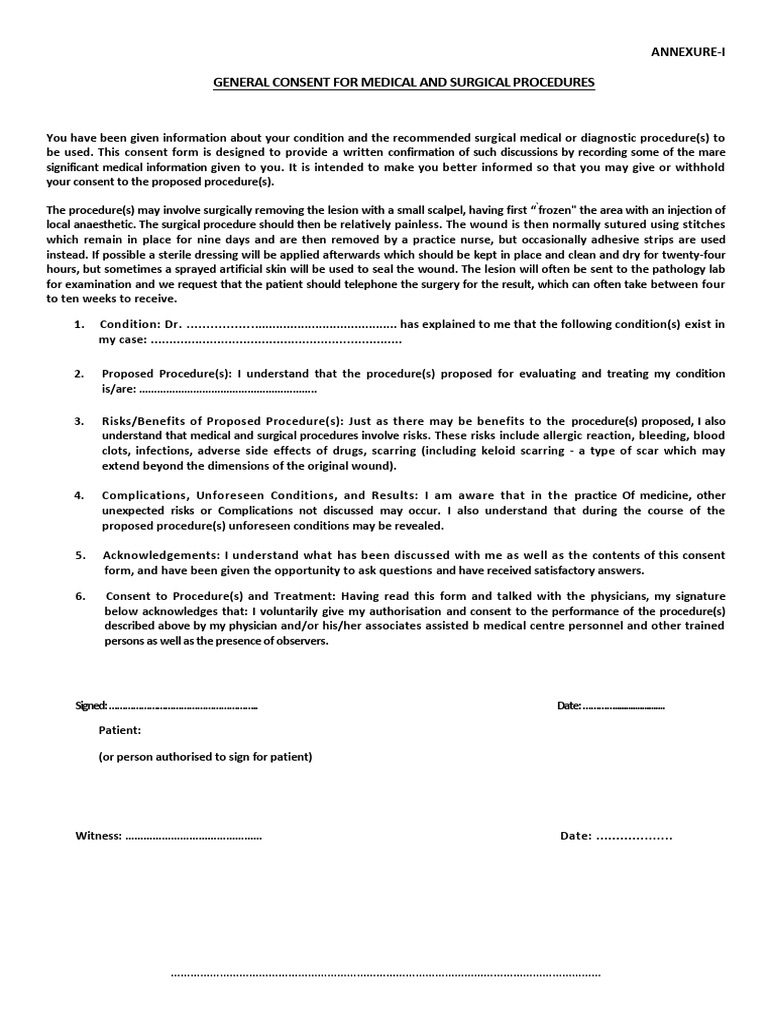 Medical Consent Form for Procedures | PDF | Surgery | Surgical Suture
