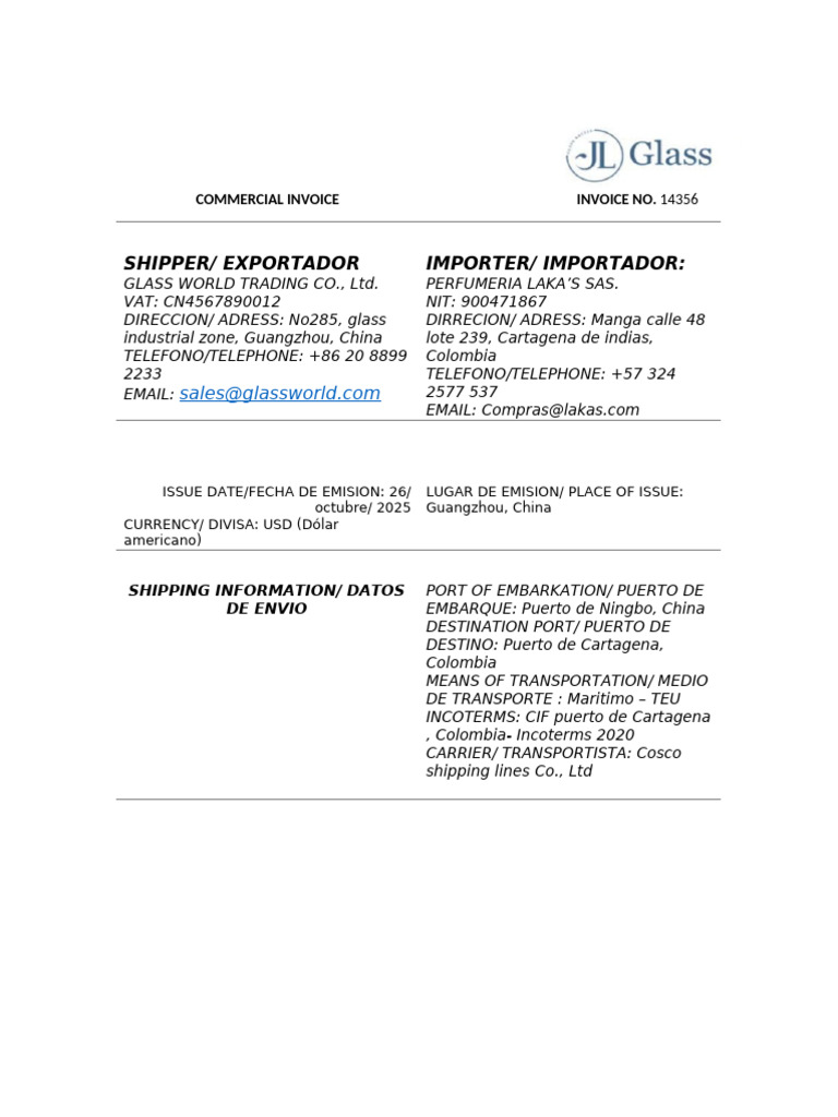 Commercial Invoice for Glass Products | PDF | Logistics | International ...