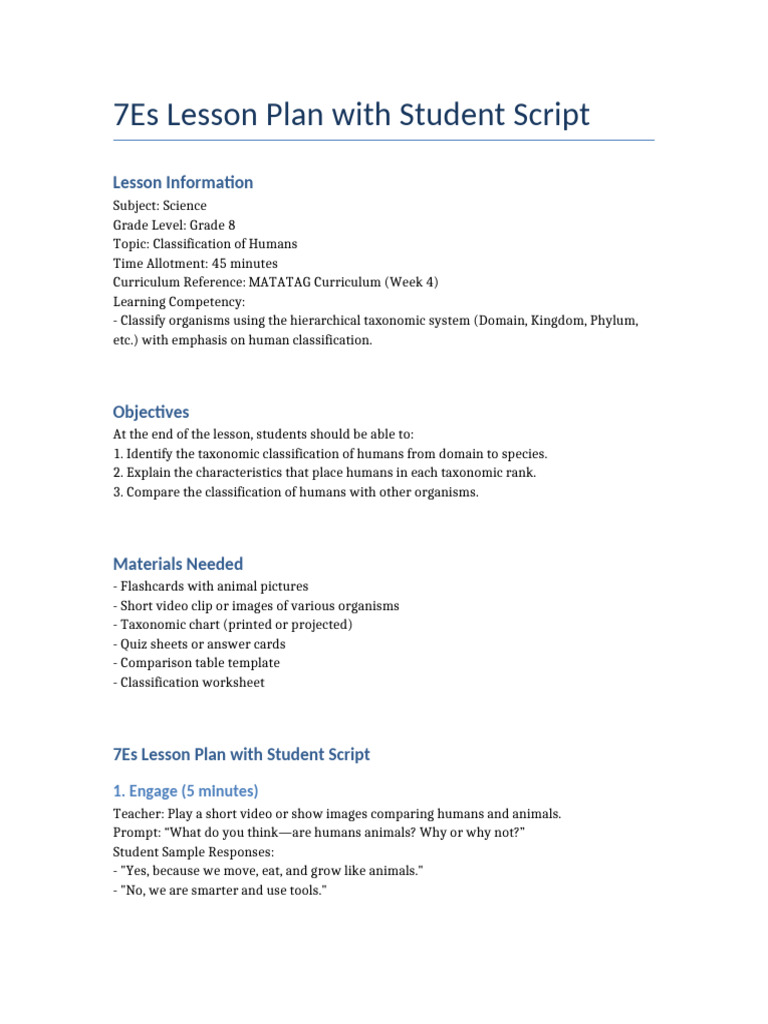 Classification of Humans 7es Lesson Plan | PDF | Taxonomy (Biology ...