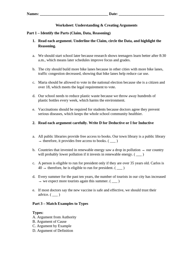 Argument Creation and Analysis Worksheet | PDF | Argument | Inductive ...