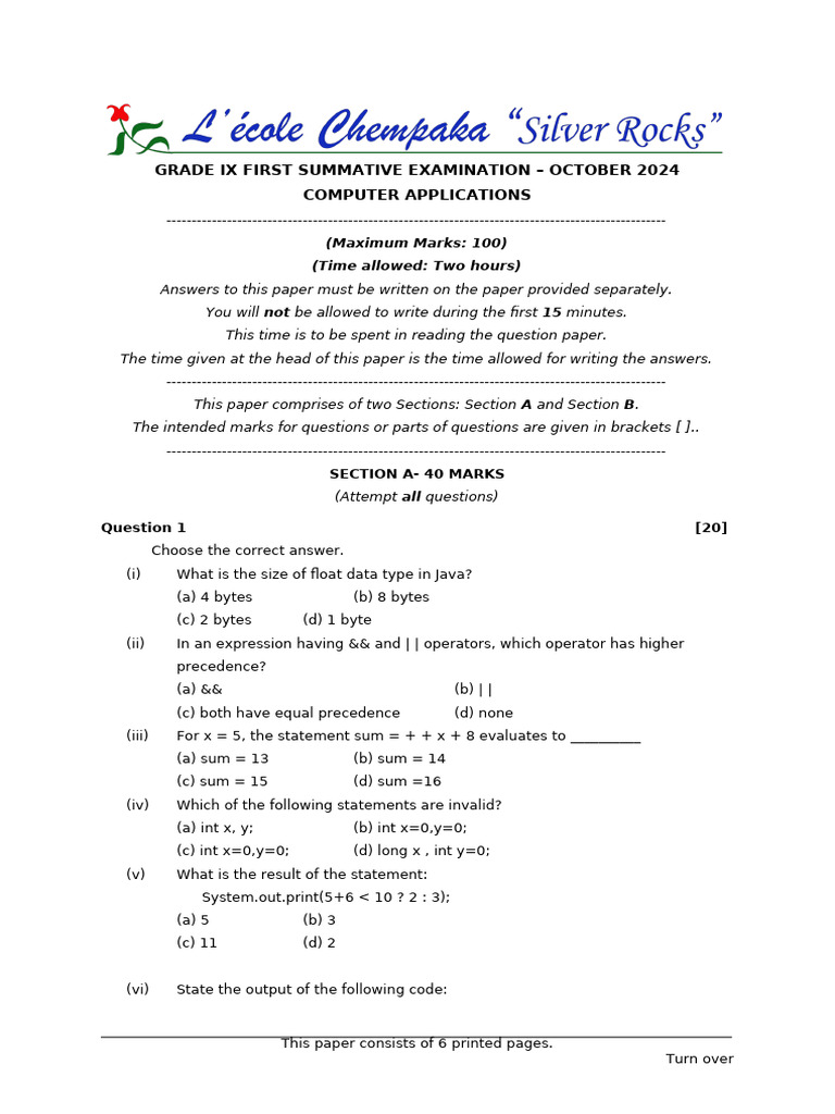 Grade IX Computer Applications Exam 2024 | PDF | Computer Programming ...