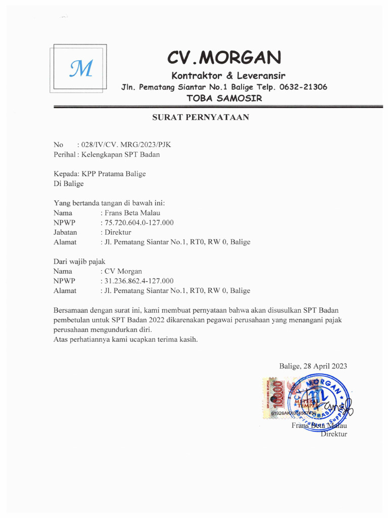 Surat Permohonan CV Morgan | PDF