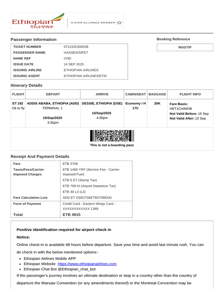 Electronic Ticket Receipt, September 15 For SIFET HASSEN | PDF | Aviation