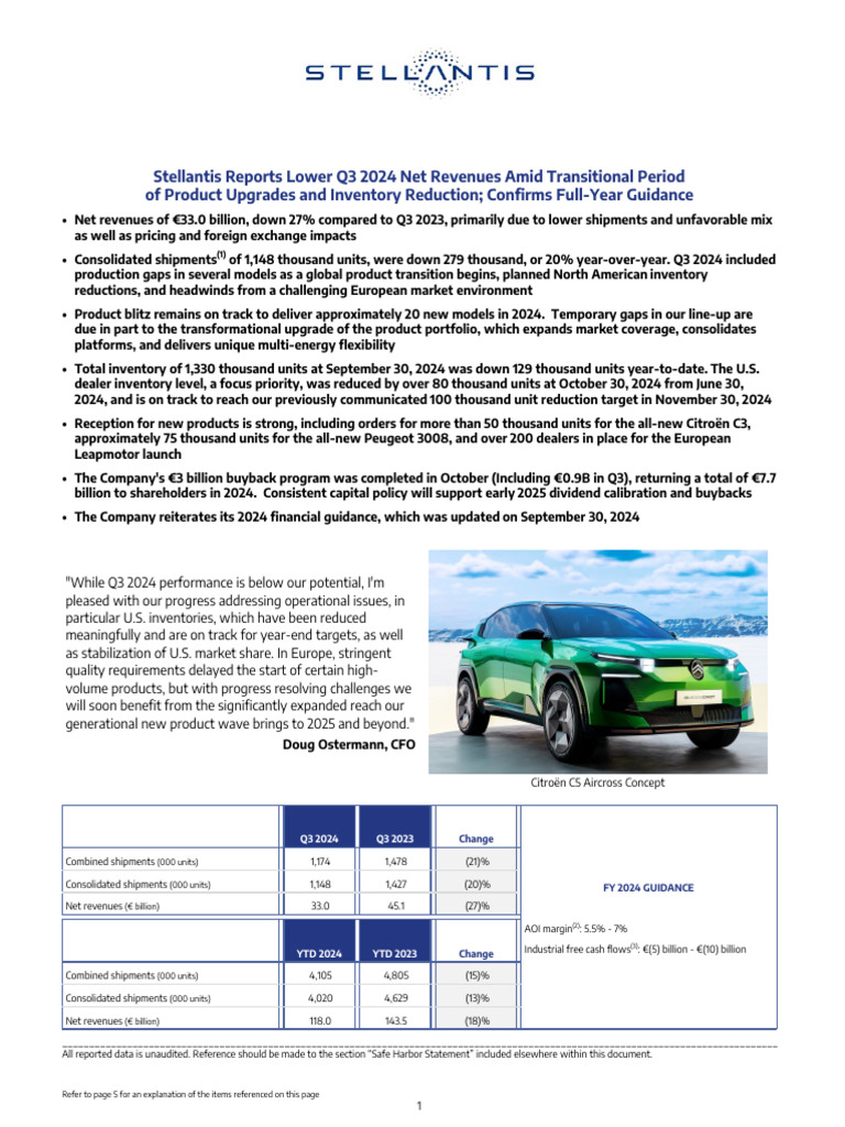 Stellantis Q3 2024 Revenue Update | PDF | Vehicles | Motor Vehicle