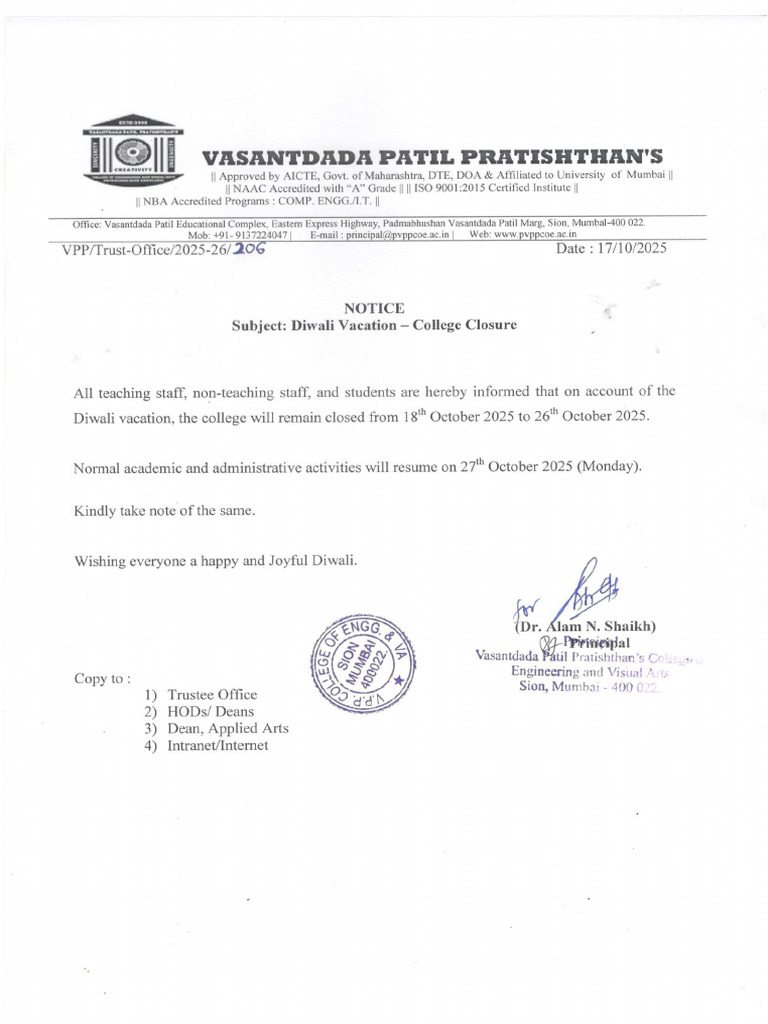 Notice - Diwali Vacation - College Closure | PDF