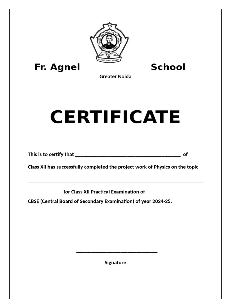 Class XII Physics Project Certificate | PDF