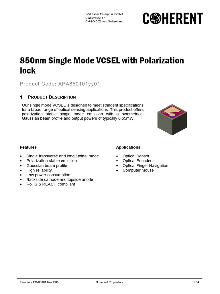 850nm Single Mode Vcsel With Polarization Lock Ds | PDF | Polarization ...