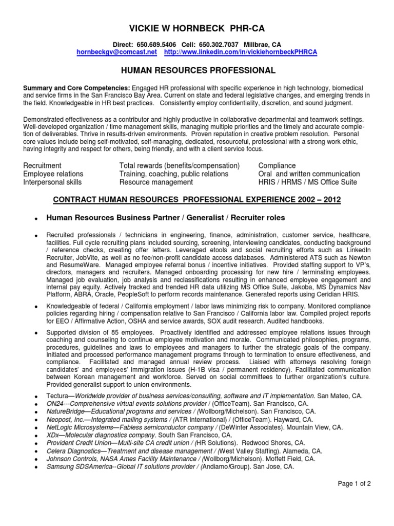 Human Resources Business Partner in San Francisco CA Resume Vickie ...