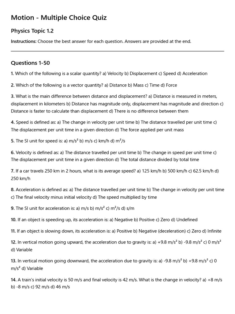 Motion Quiz: Multiple Choice Questions | PDF | Acceleration | Velocity
