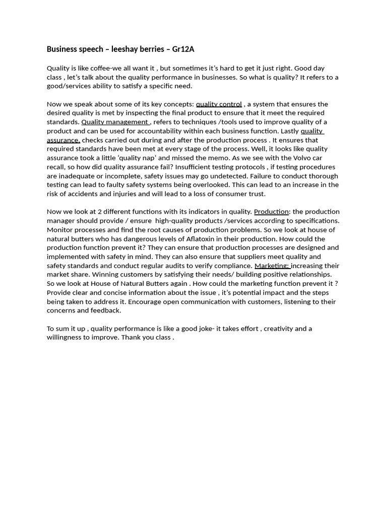 Business Speech - Leeshay Berries | PDF