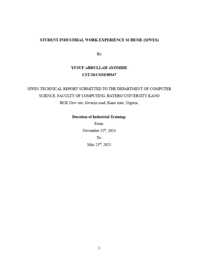 Student Industrial Work Experience Scheme (Siwes) (Final Edit) - 103854 ...