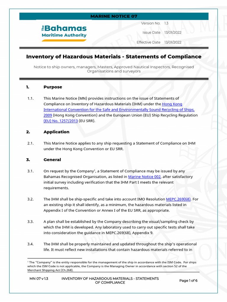 MN007 Inventory of Hazardous Materials Statements of Compliance v1.3 | PDF