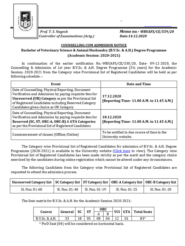 Counselling Cum Admission Notice B.v.sc.&a.H. Final 2020-2021 | PDF