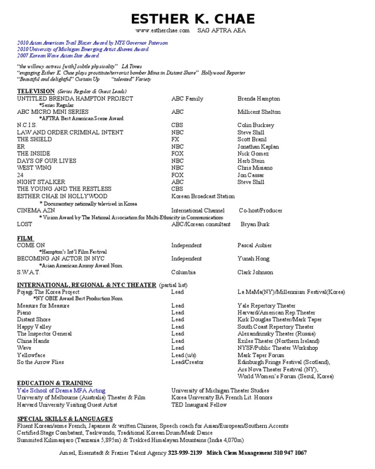 Esther Chae Acting Resume | PDF | Art