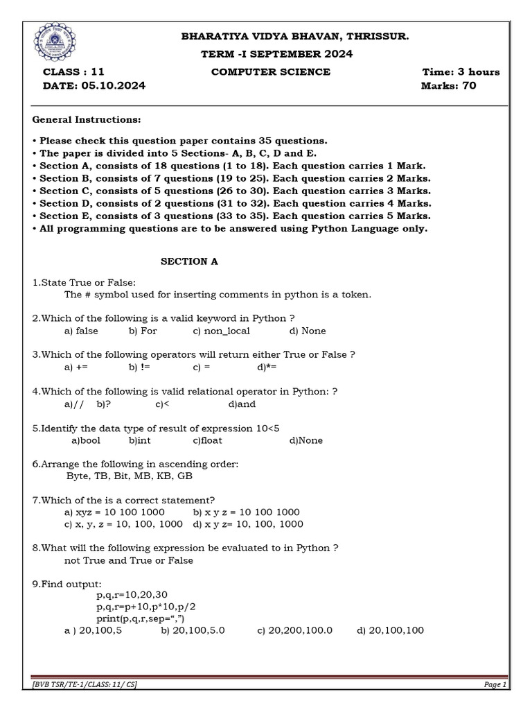 11 CS QP | PDF | Python (Programming Language) | Control Flow