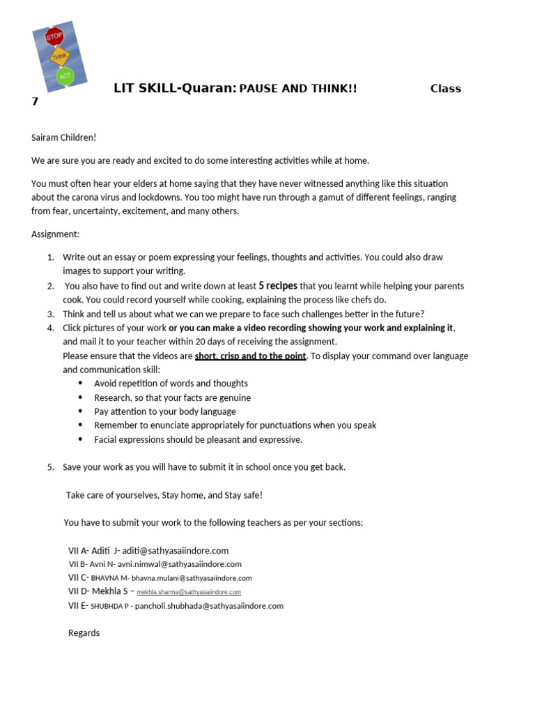 Class 7 Quarantine Creative Assignment | PDF