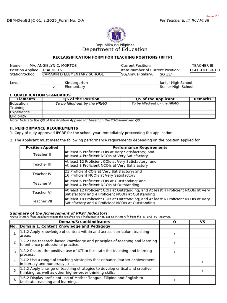 RFTP Reclassification Form for Teachers | PDF | Educational Assessment ...