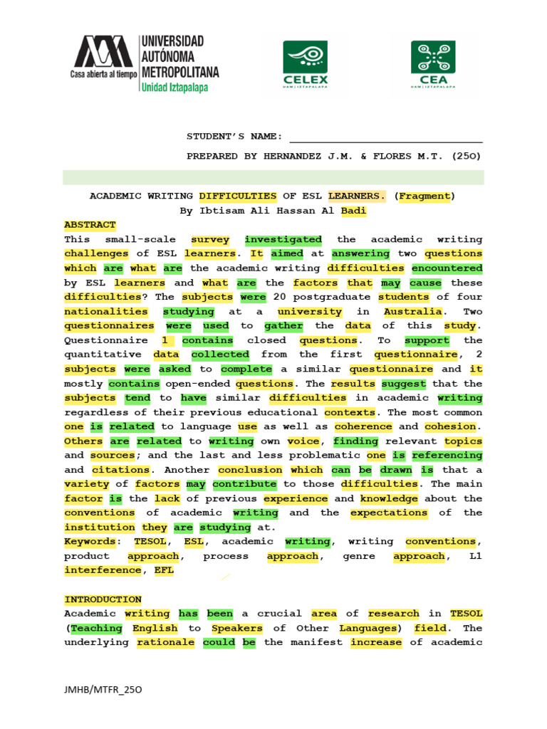 ESL Learners' Academic Writing Challenges | PDF | English As A Second ...