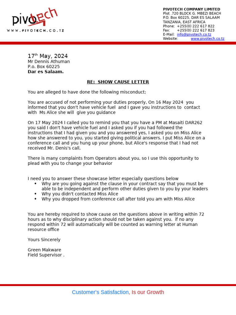 Show Cause Letter for Employee Misconduct | PDF