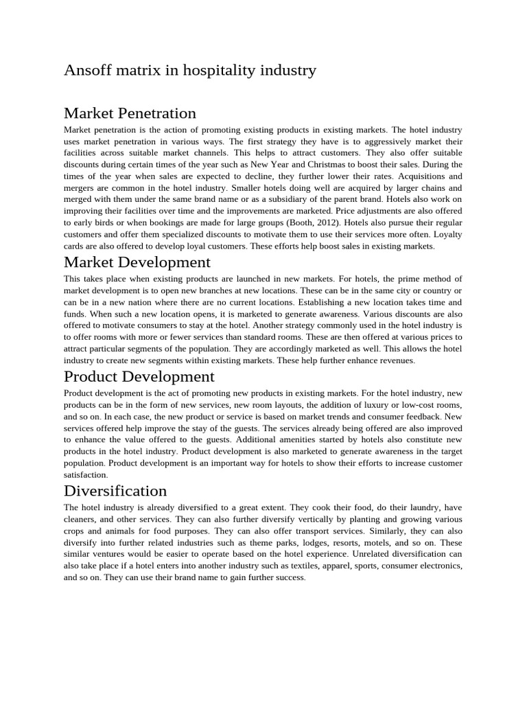 Ansoff Matrix Strategies in Hospitality | PDF | Hotel | Business Economics