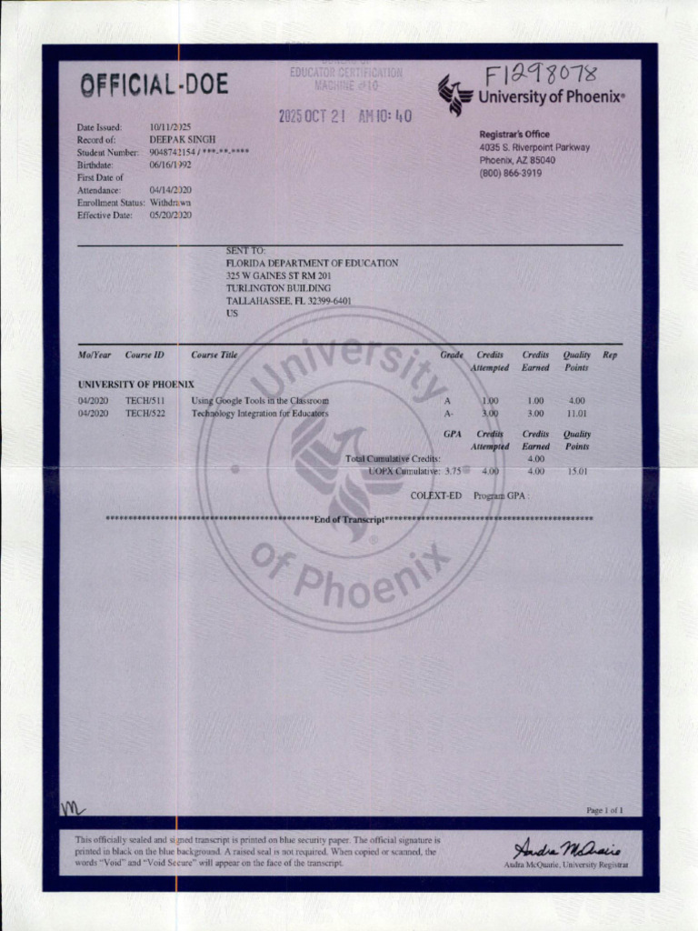 University of Phoenix Transcript Deepak (Danny) Singh October 23, 2025 ...