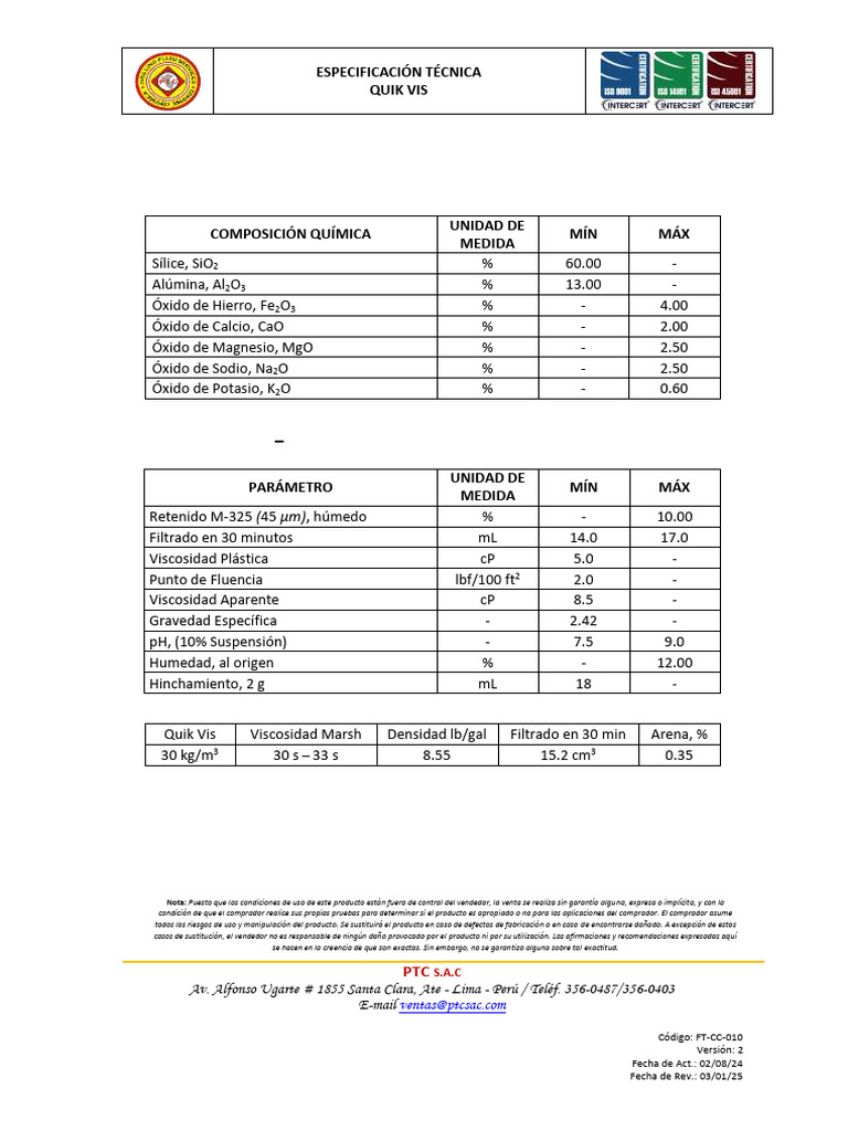 Ft-cc-010 Especificacion Tecnica - Quik Vis - (v2) | PDF | Elementos ...
