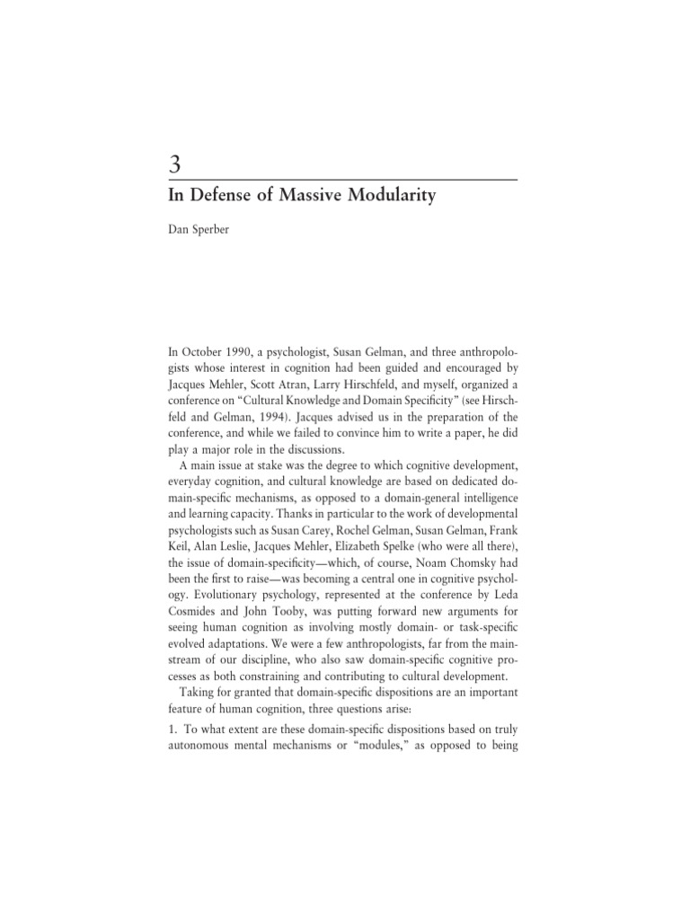 Sperber 01 in Defense of Massive Modularity | PDF | Modularity | Mind