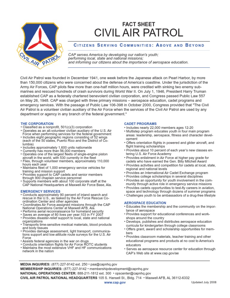 Civil Air Patrol Fact Sheet | PDF | Civil Air Patrol | Military