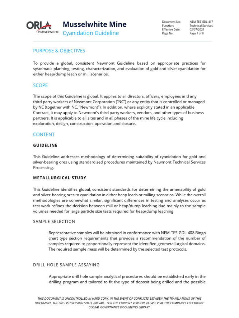 Musselwhite Mine Cyanidation Guidelines | PDF | Metallurgy | Assay