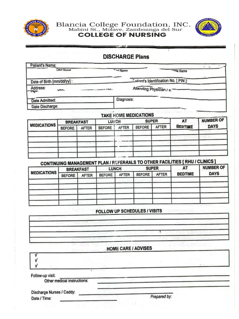 Discharge Plan Sheet | PDF