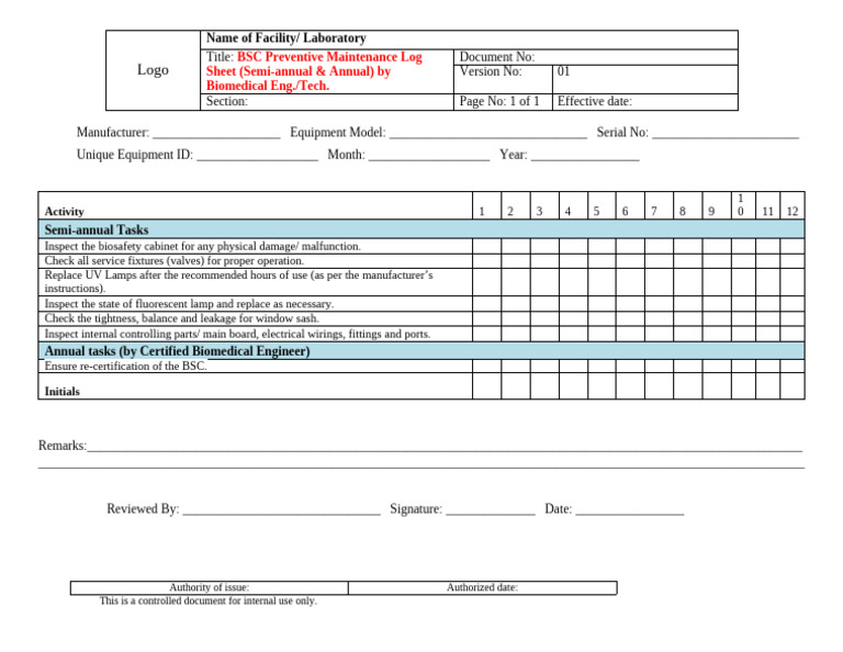 BSC PM Log Sheet Monthly Annually BME-T | PDF