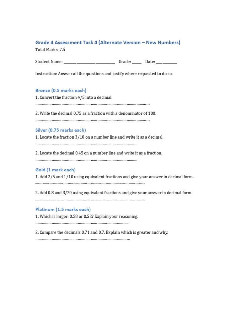 Grade 4 Math Assessment: Fractions & Decimals | PDF