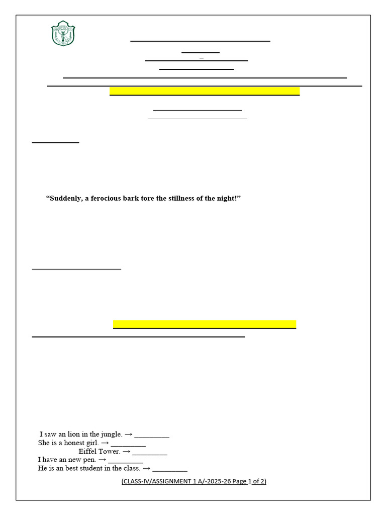 Class IV English Assignment 2025-26 | PDF