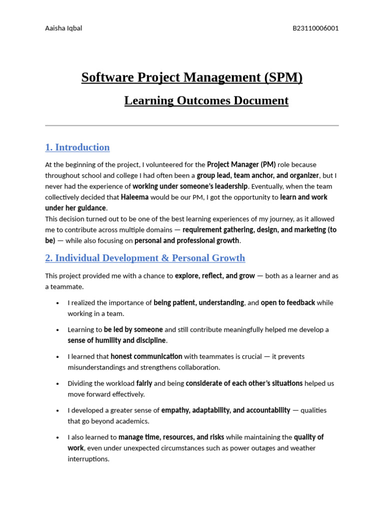 Learning Outcomes SPM | PDF | Project Management | Leadership