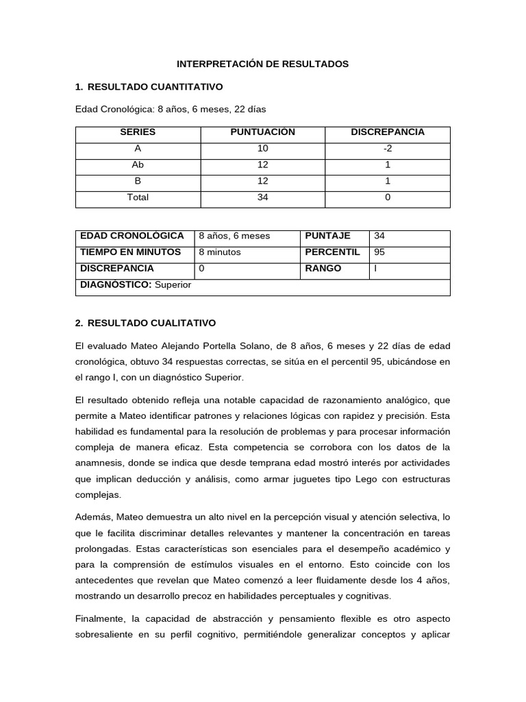 Evaluación Cognitiva de Mateo Portella | PDF | Cognición | Procesos ...
