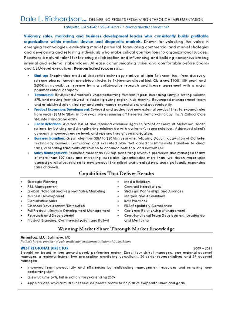 Vice President Sales Marketing Medical in San Francisco CA Resume Dale ...