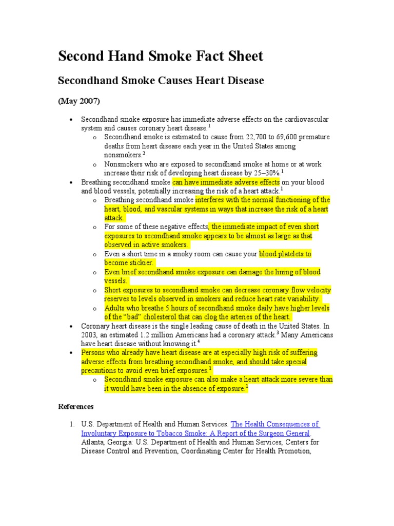 Second Hand Smoke Fact Sheet | PDF | Smoke | Coronary Artery Disease