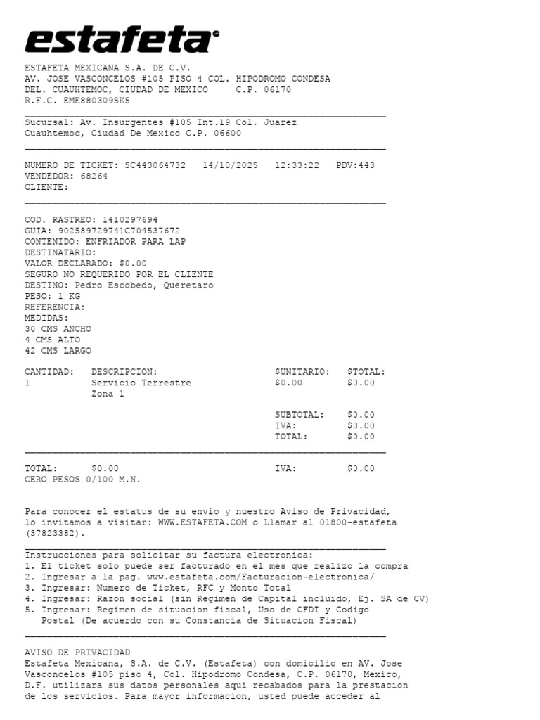 Ticket de Compra Estafeta SC443064732 2025-10-14 | PDF
