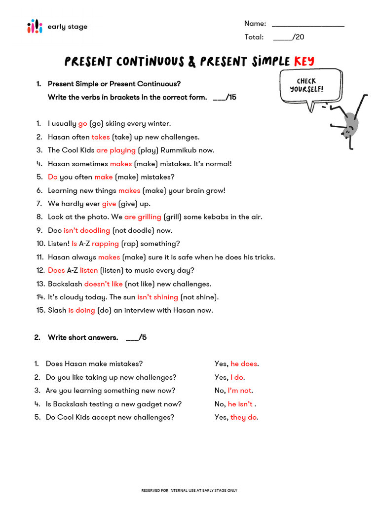 Book 1 Short Test - Present Continuous Vs Present Simple Key | PDF