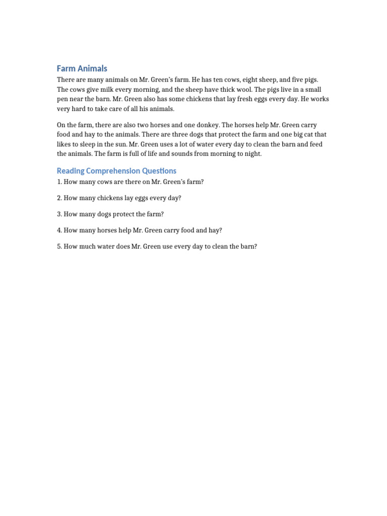 Farm Animals Reading Comprehension | PDF
