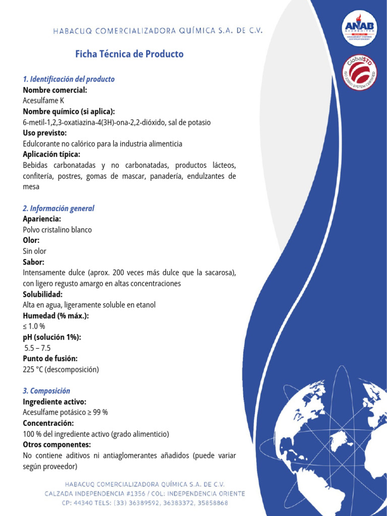 Ficha Técnica Acesulfame K Edulcorante | PDF | Sustituto de azúcar