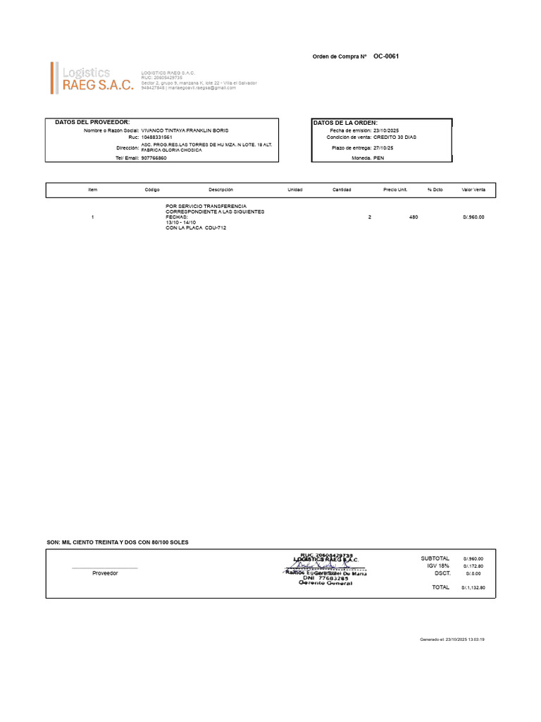 Orden de Compra OC-0061 - Logística RAEG | PDF