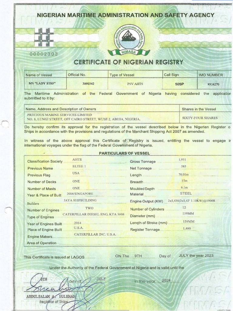 Part 2 Section 1.5 - Nimasa Certificate of Registry MV Lady Stef | PDF