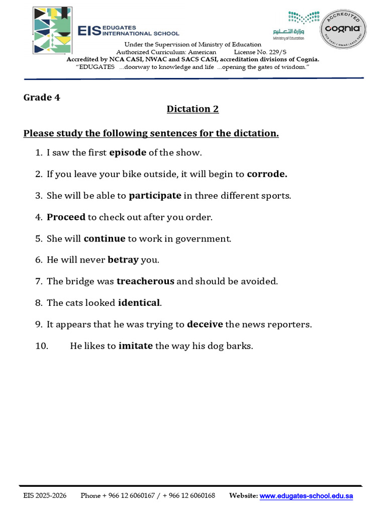 Grade 4 Dictation Practice Sentences | PDF