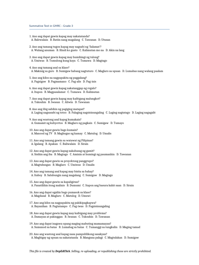 Summative Test GMRC 3 | PDF