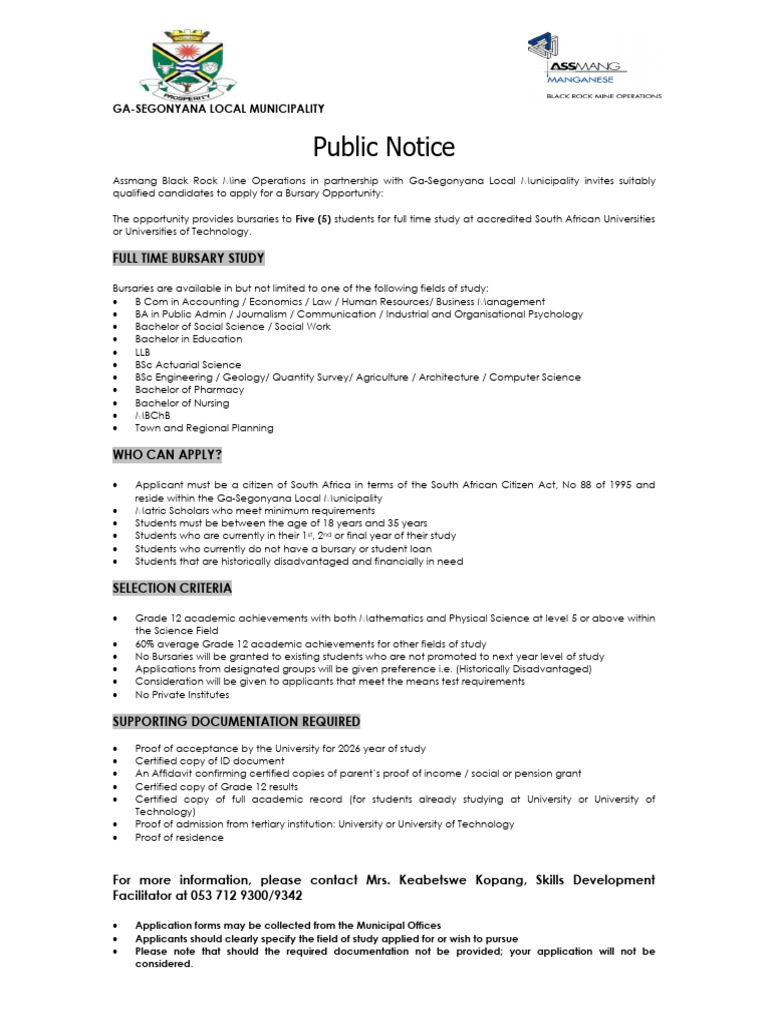 Bursary Advert Ga-Segonyana 2026 | PDF | Bachelor's Degree