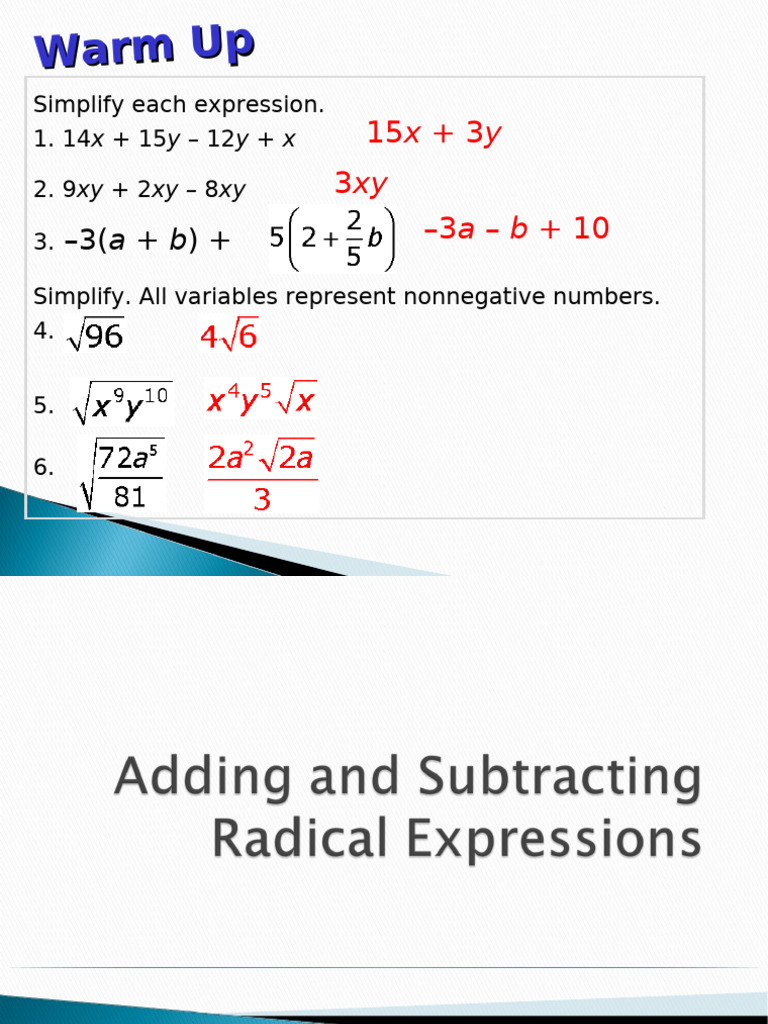Adding and Subtracting Radicals | PDF | Square Root | Euclidean Geometry