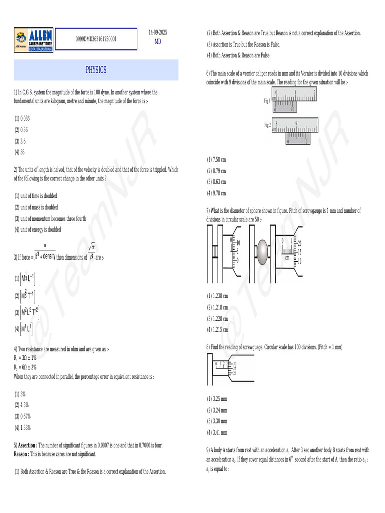 Physics Measurement and Calculation Problems | PDF | Force | Lift (Force)