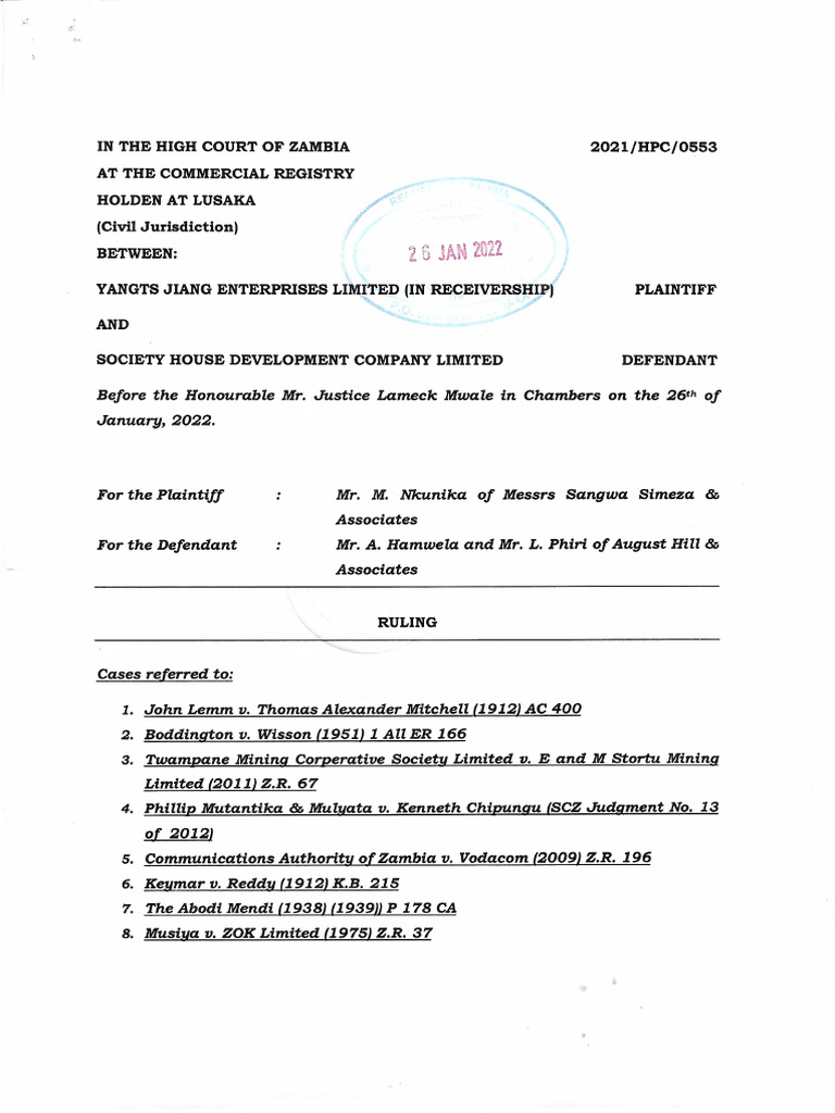Yangts Jiang Enterprises LTD (In Receivership) V Society House ...