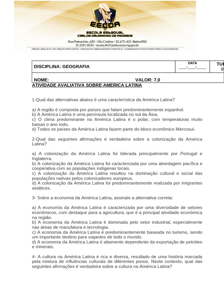Atividade America Latina Fundamental | PDF | América Latina | Américas